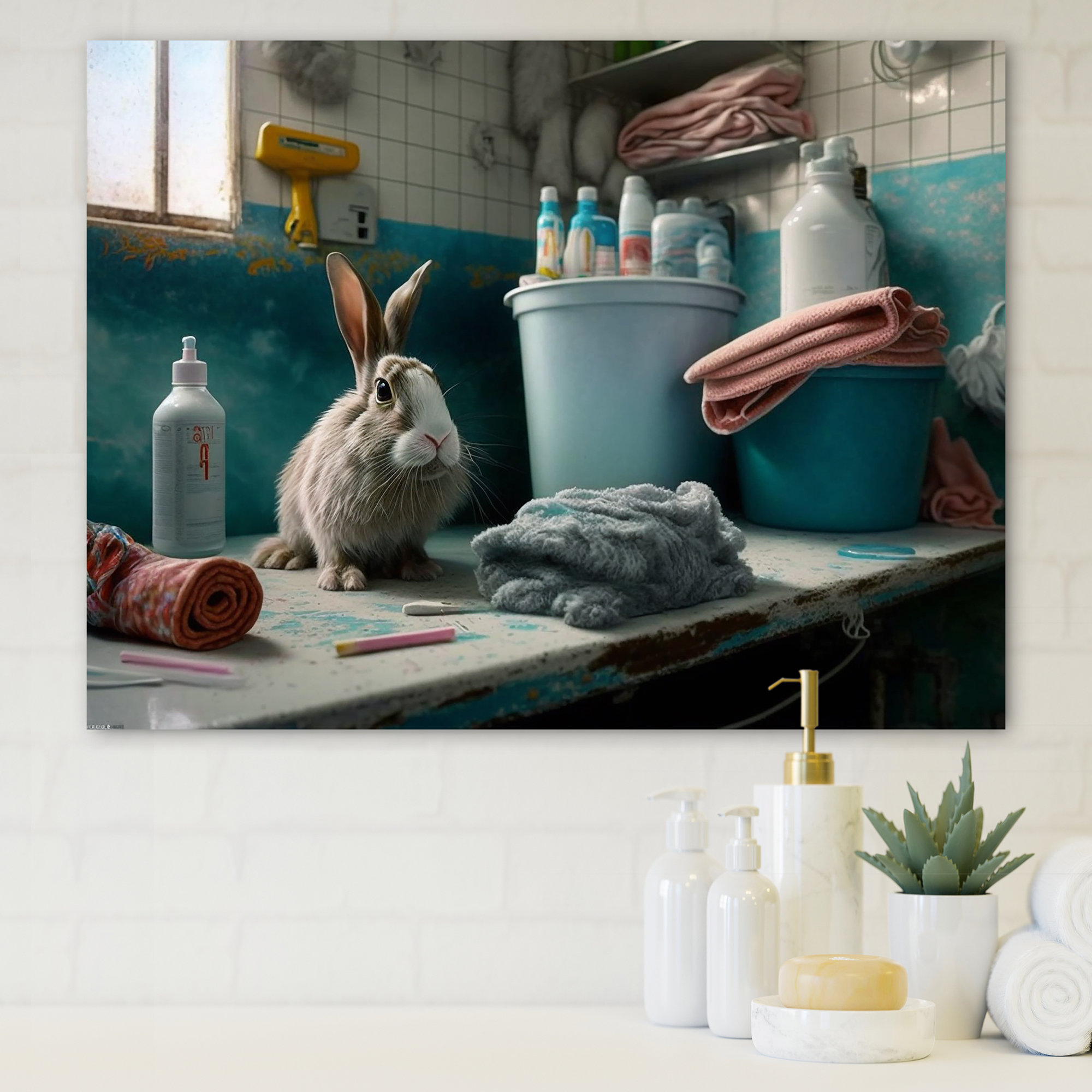 Gracie Oaks Funny Rabbit Doing Laundry II - Wrapped Canvas Print | Wayfair
